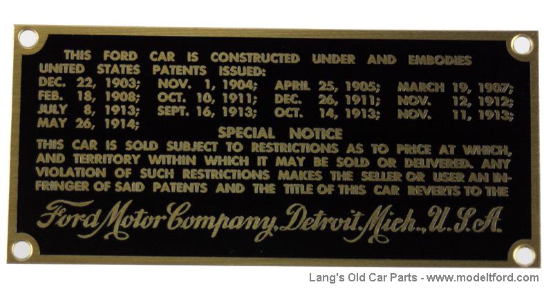 Model T Ford Forum: What Patent Plate and what location was used for an ...